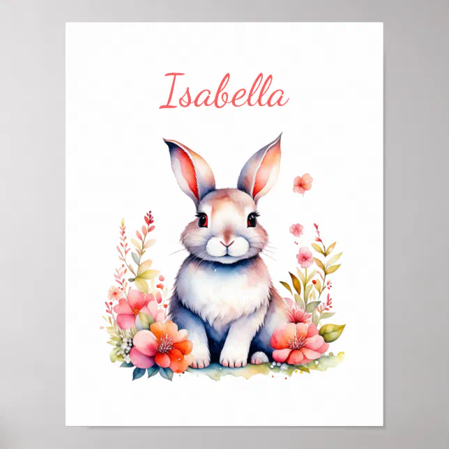 Personalized Bunny Rabbit in Pink Flowers Poster | Zazzle