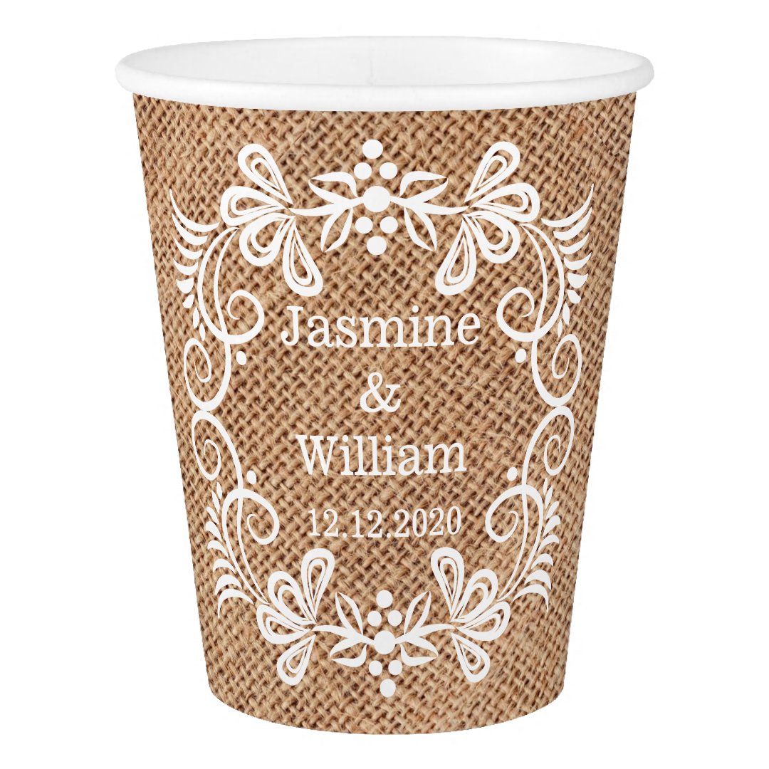 Personalized Burlap Rustic Wedding Paper Cup | Zazzle