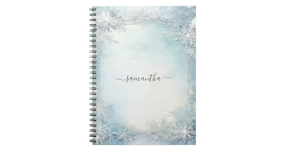 Personalized Calligraphy Blue White Snowflake Notebook | Zazzle