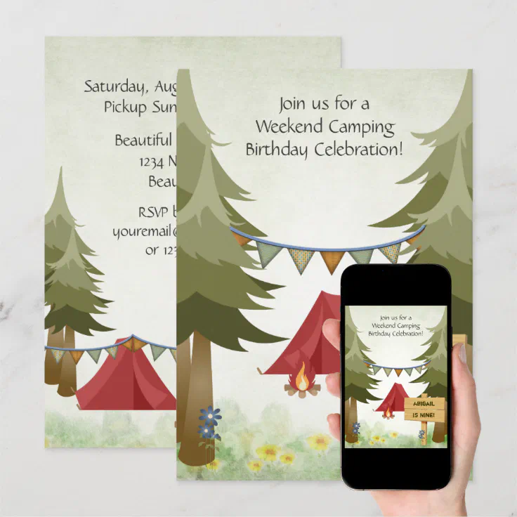Personalized Camping Red Tents Woodland Birthday Invitation | Zazzle