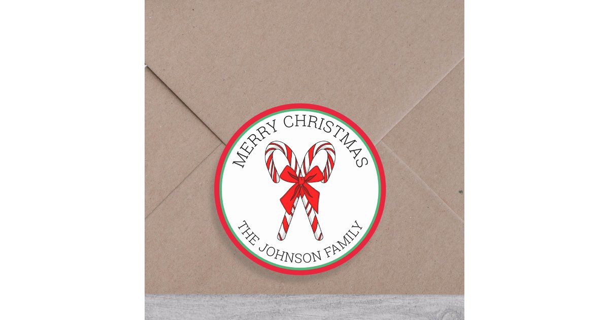 Personalized Candy Canes and Bow Christmas Classic Round Sticker | Zazzle