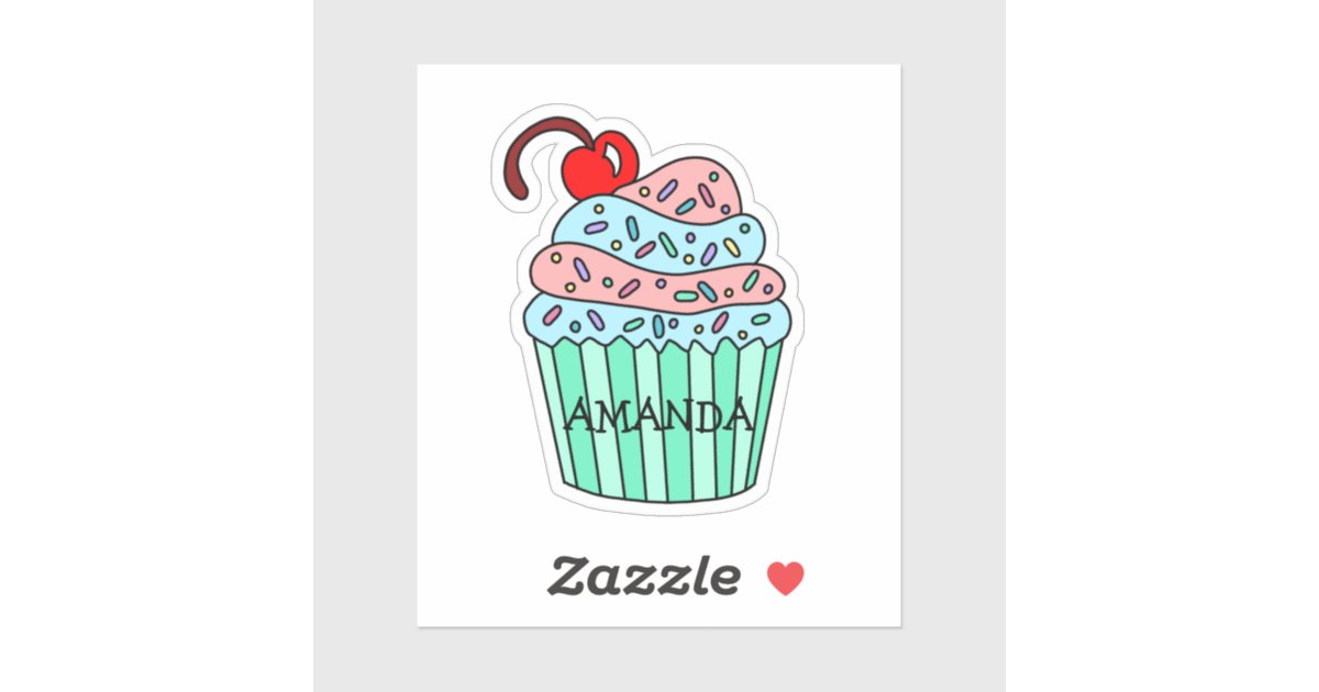 Personalized Cartoon Pink and Blue Cupcake Sticker | Zazzle