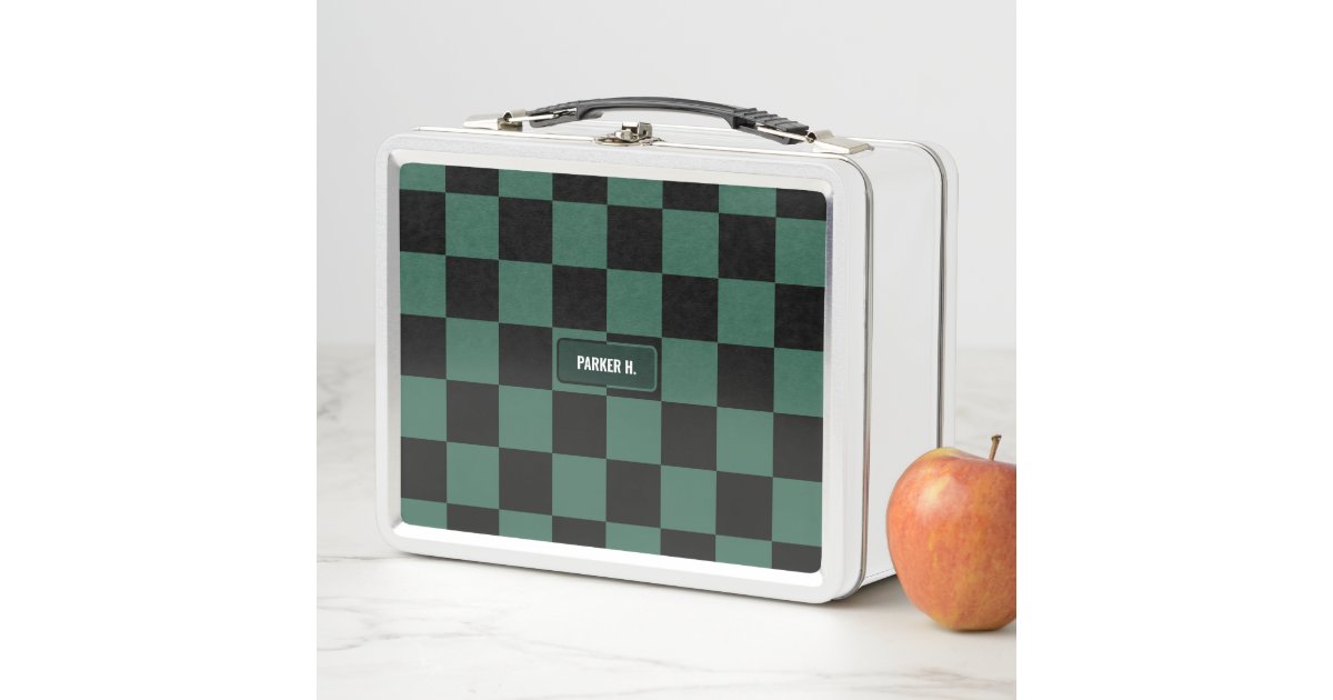 Personalized Checkered Green & Black Metal Lunch Box | Zazzle