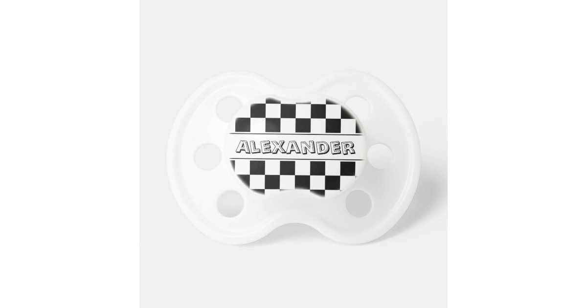Personalized checkered race flag baby pacifier | Zazzle