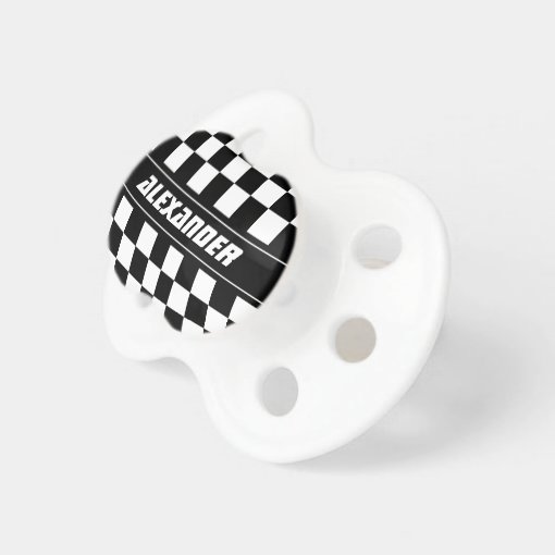 Personalized checkered racing flag baby pacifier | Zazzle