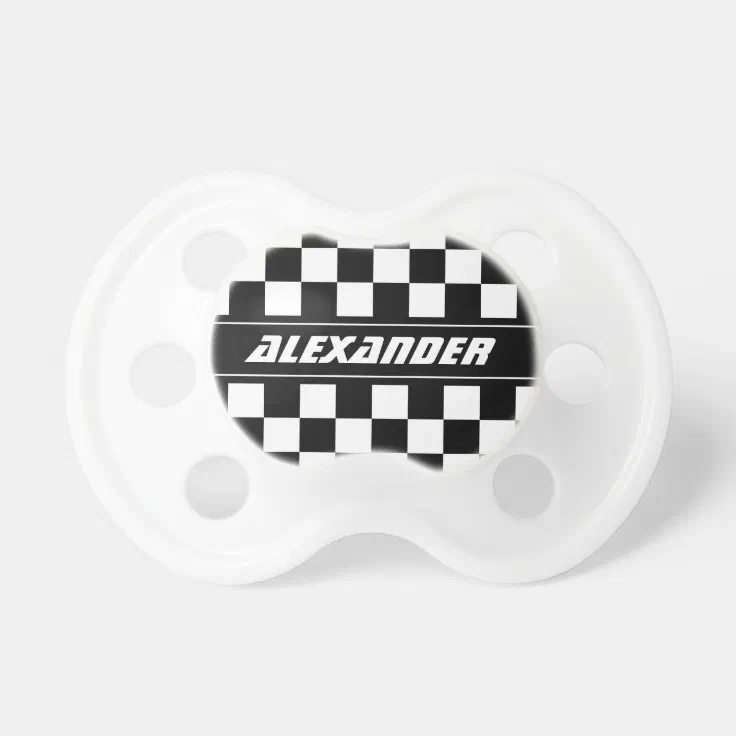 Personalized checkered racing flag baby pacifier | Zazzle