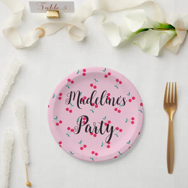 Personalized Cherry Cherries Pattern Pink Party Paper Plates | Zazzle
