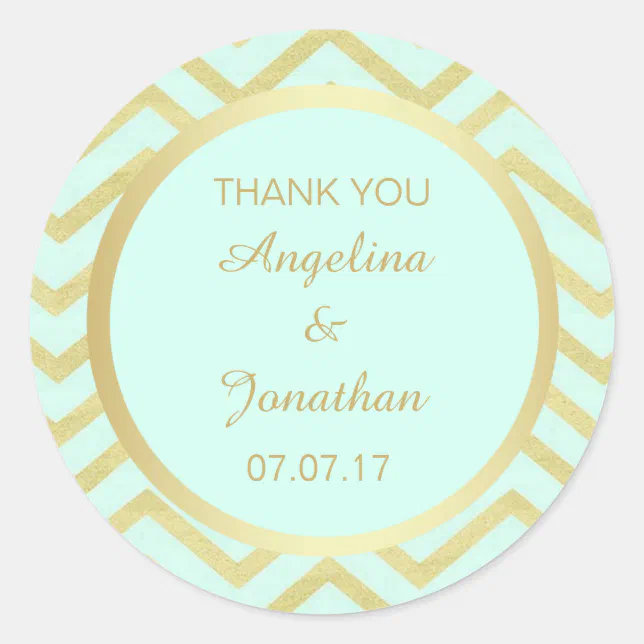 Personalized Chevron Mint Green Gold Foil Wedding Classic Round Sticker ...