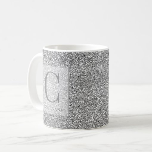 Personalized Chic Silver Glitter Bling Monogram Coffee Mug | Zazzle