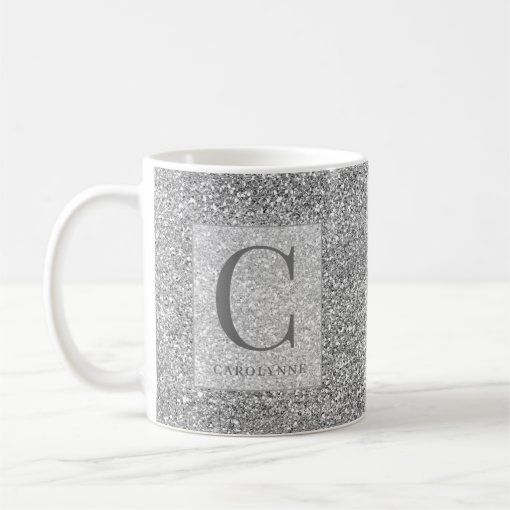 Personalized Chic Silver Glitter Bling Monogram Coffee Mug | Zazzle