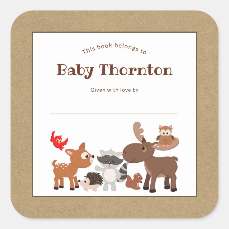 Personalized child's bookplate, woodland animals square sticker | Zazzle