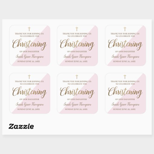 Personalized Christening Modern gold pink white Square Sticker | Zazzle
