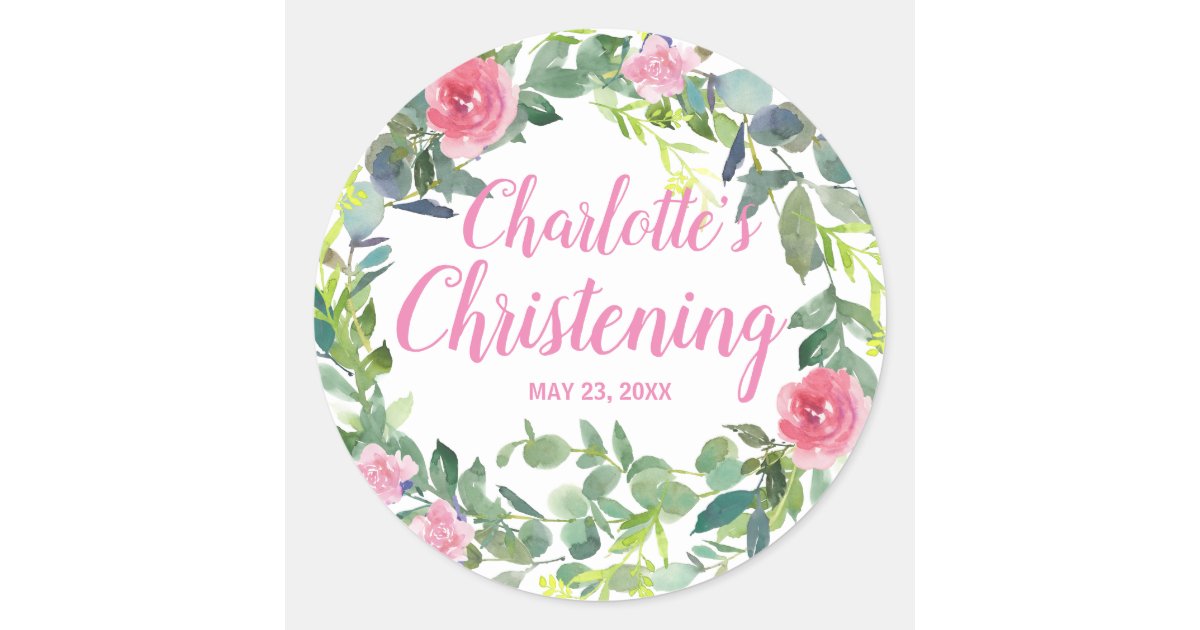 Personalized Christening Sticker with Pink Flowers | Zazzle