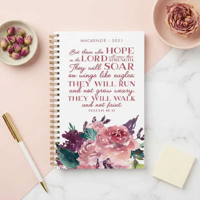 Personalized Christian Bible Verse Pink Floral Planner | Zazzle