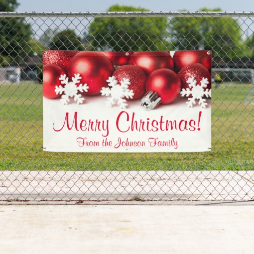 Personalized Christmas Banner Red Tree Ornaments | Zazzle