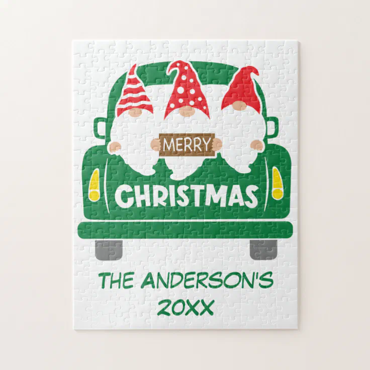 Personalized Christmas Gnomes in Truck Red Green Jigsaw Puzzle | Zazzle
