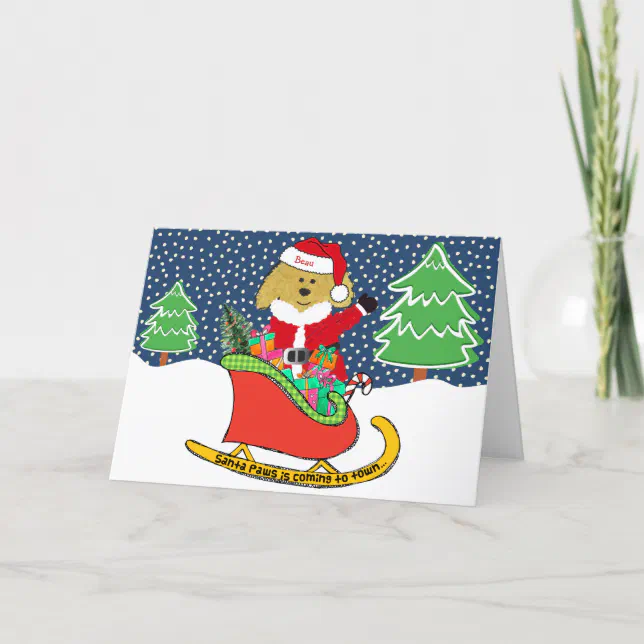 Personalized Christmas GoldenDoodle Santa Sleigh Holiday Card | Zazzle