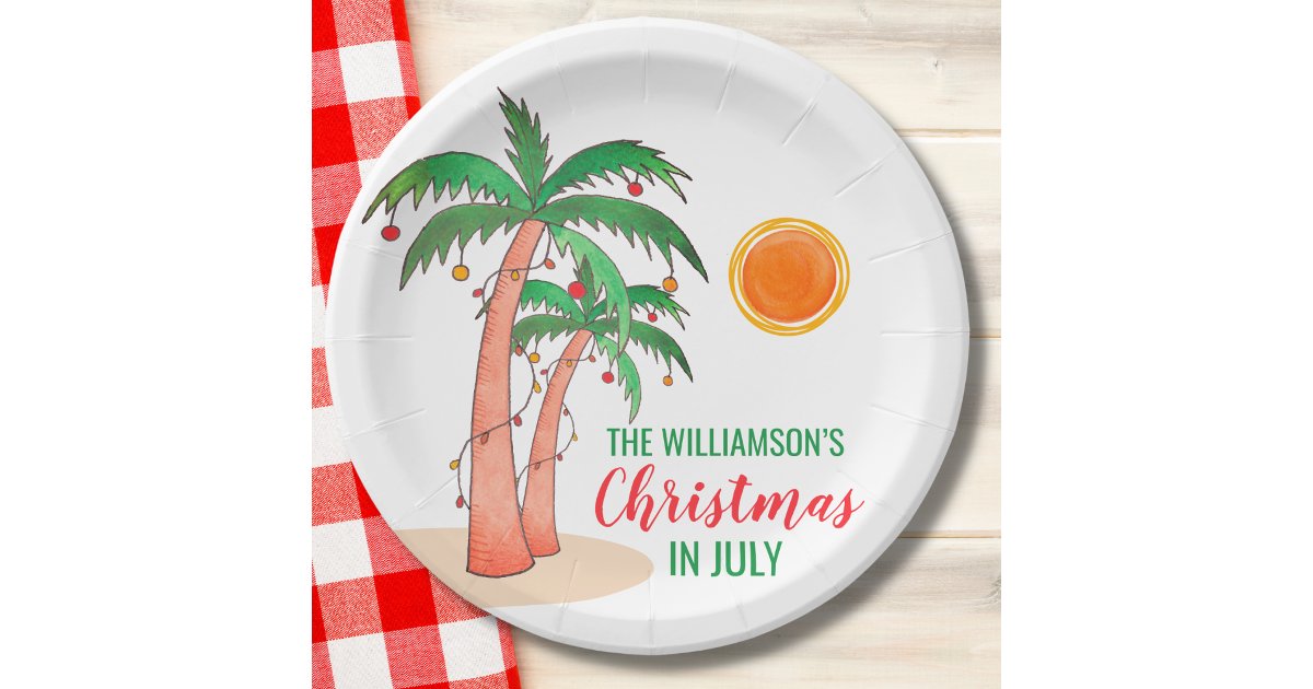 Personalized Christmas in July Palm Trees Paper Plates | Zazzle