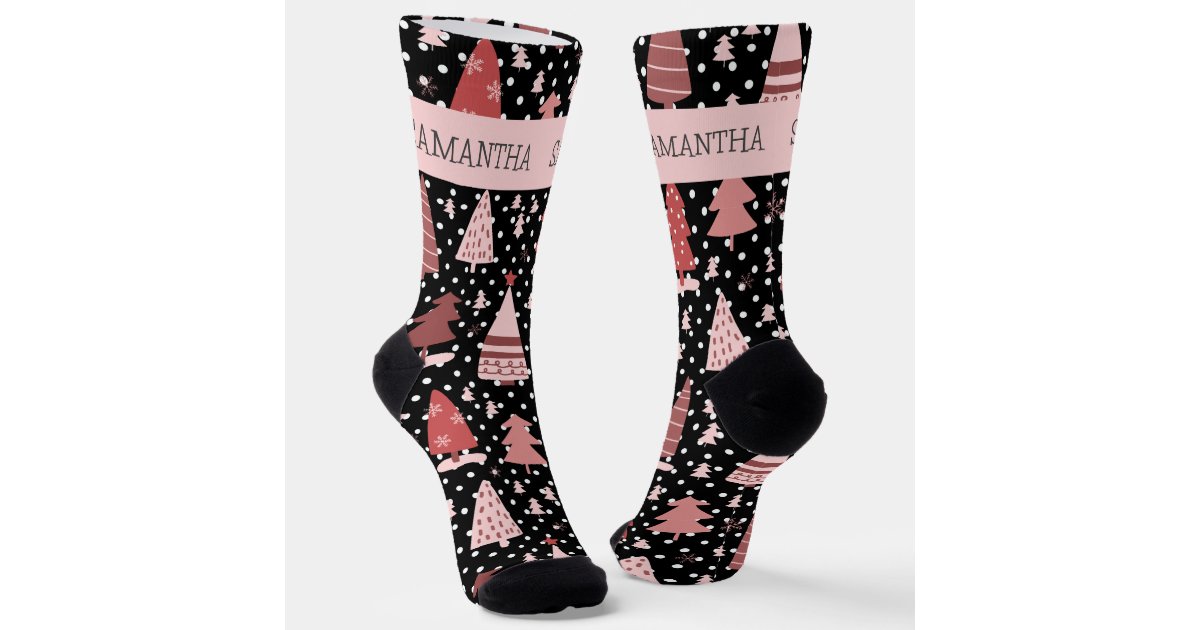 Personalized Christmas Pink Holiday Tree Socks | Zazzle