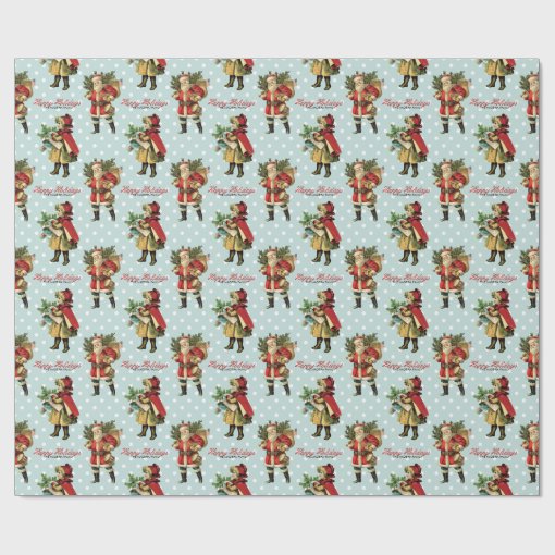 Personalized Christmas Vintage Santa Claus Blue Wrapping Paper | Zazzle