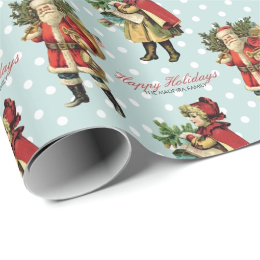Personalized Christmas Vintage Santa Claus Blue Wrapping Paper | Zazzle