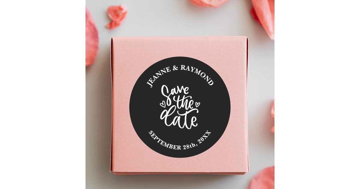 Personalized Clean Black Wedding Save the date Classic Round Sticker ...