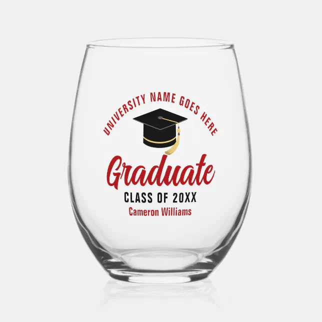 Personalized College Graduation Red Graduate Stemless Wine Glass | Zazzle