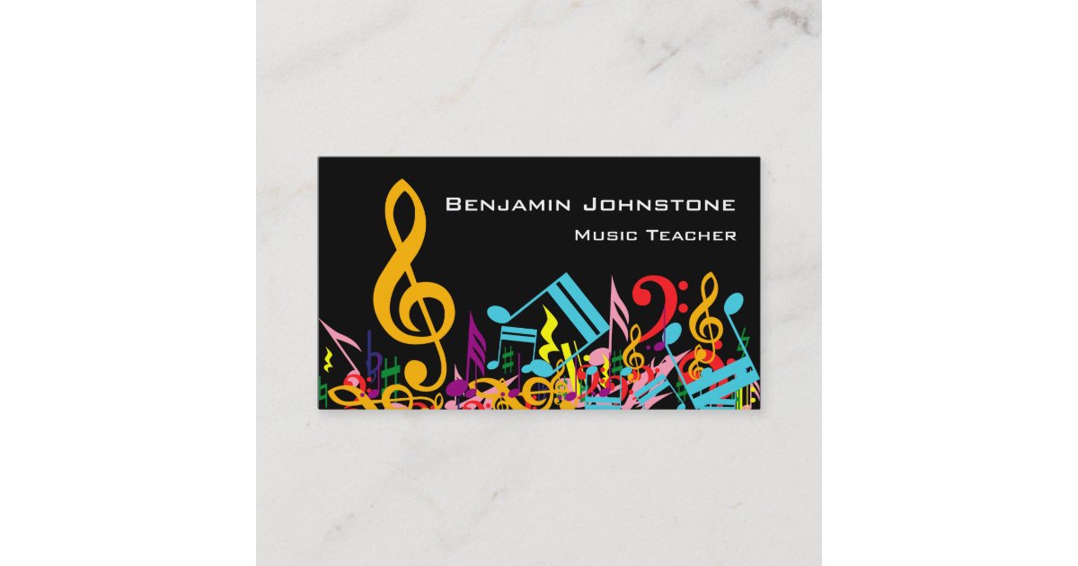 Personalized Colorful Jumbled Music Notes on Black Business Card | Zazzle