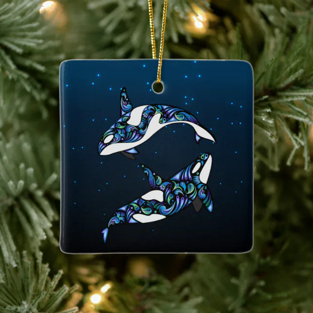 Personalized Colorful Orca Whales Ceramic Ornament | Zazzle