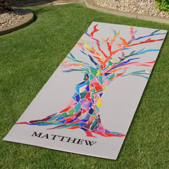 Personalized Colorful Rainbow Tree Gray Yoga Mat | Zazzle