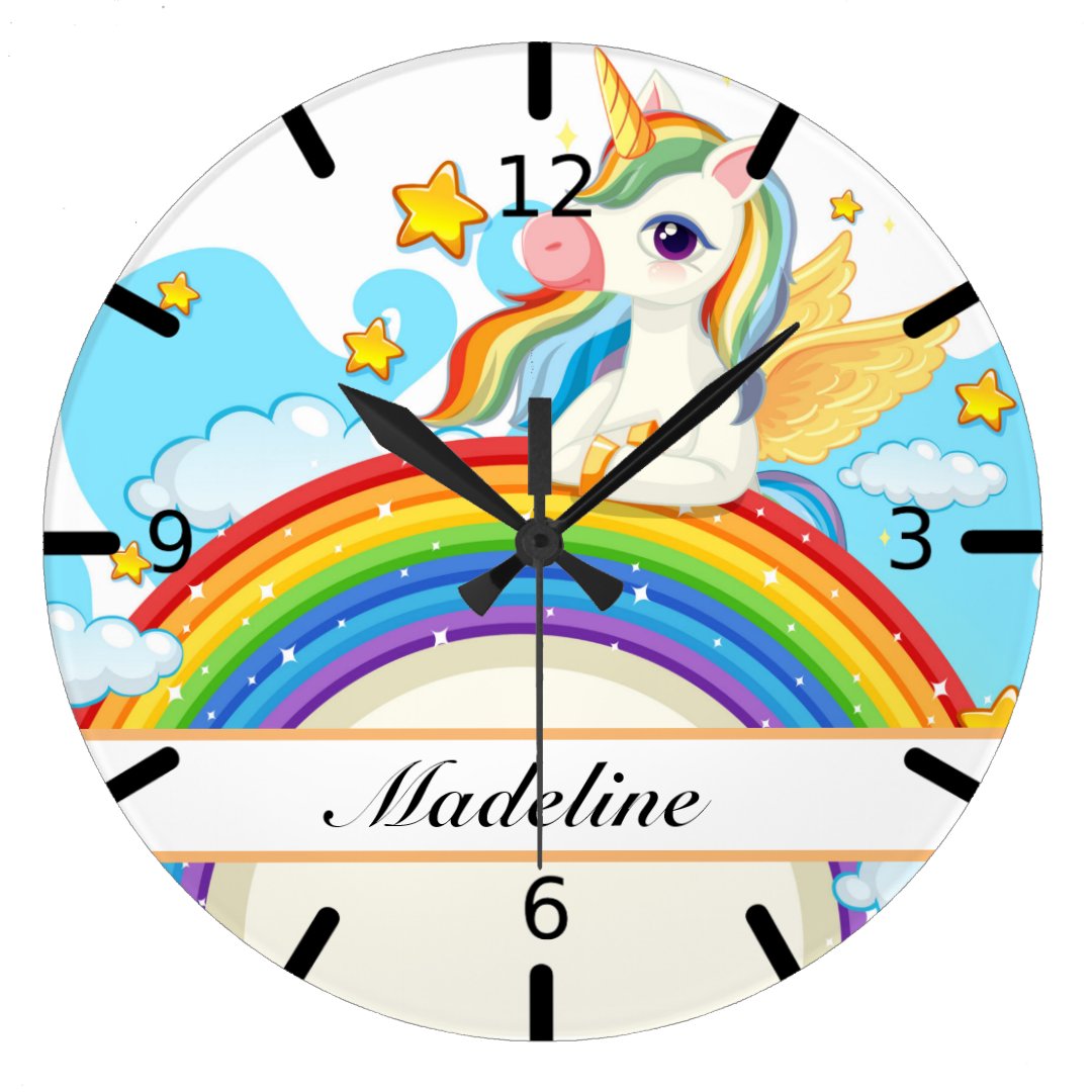 Personalized Colorful Unicorn & Rainbow Large Clock | Zazzle
