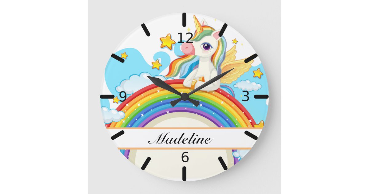 Personalized Colorful Unicorn & Rainbow Large Clock | Zazzle