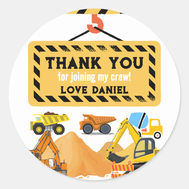 Personalized Construction Birthday Theme Thank You Classic Round ...