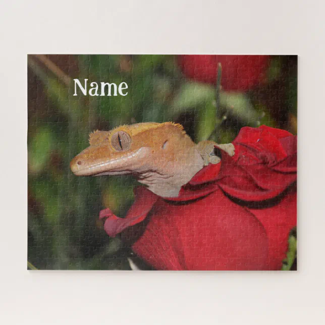 Personalized Crested Gecko Lizard on a Rose Jigsaw Puzzle | Zazzle