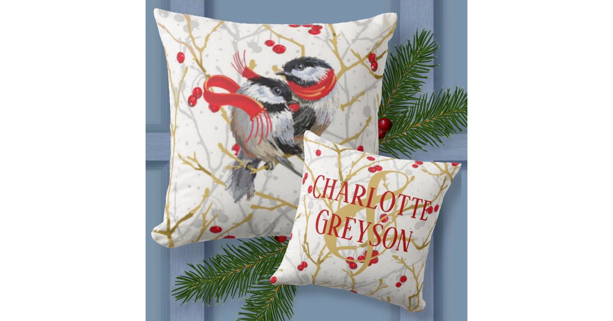 Personalized Cuddling Winter Chickadees Throw Pillow | Zazzle
