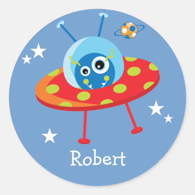 Personalized Cute Alien Spaceship Classic Round Sticker | Zazzle