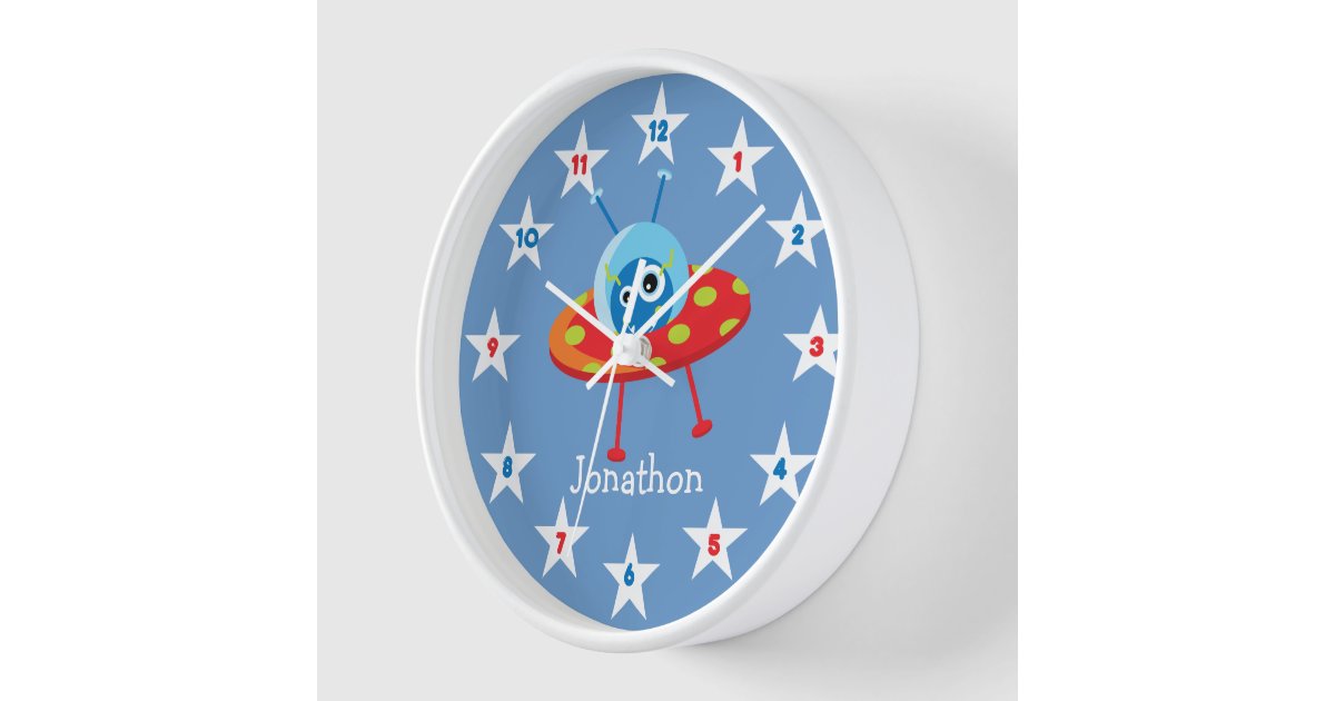 Personalized Cute Alien Spaceship Clock | Zazzle