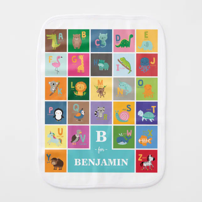 Personalized Cute Baby Animal Alphabet ABC Letters Baby Burp Cloth | Zazzle