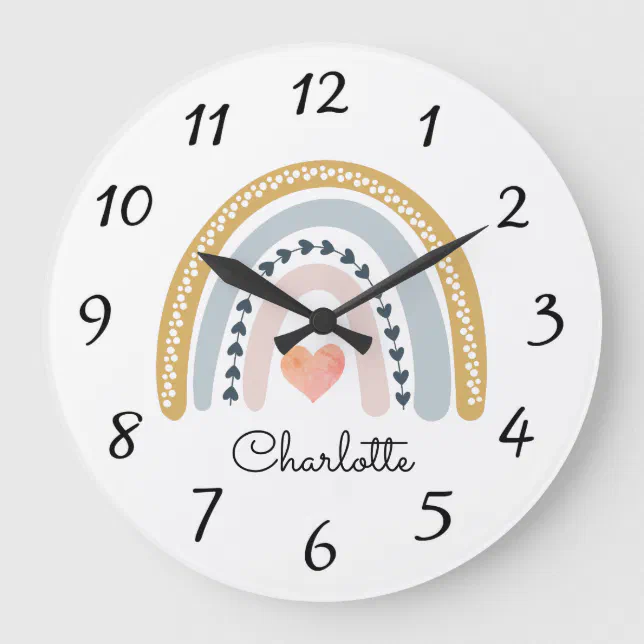 Personalized Cute Boho Watercolor Rainbow Large Cl Large Clock | Zazzle