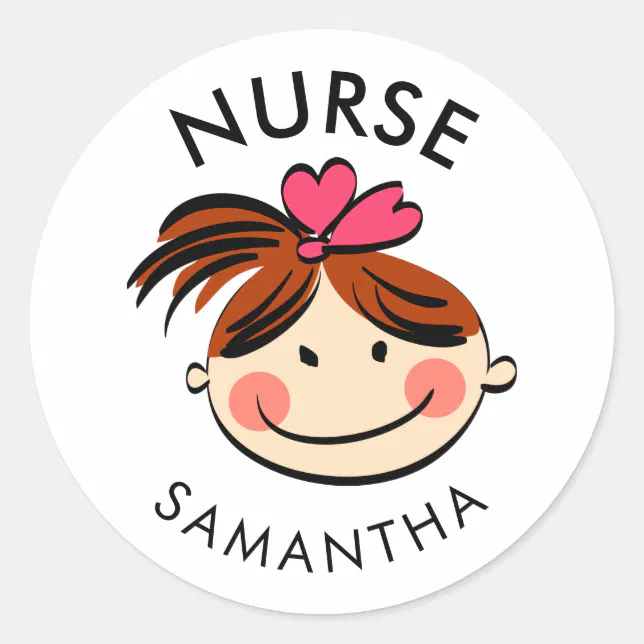 Personalized Cute Brunette Cartoon Nurse Name Classic Round Sticker ...