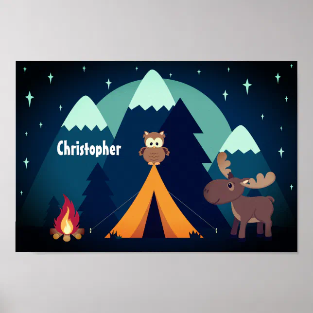 Personalized Cute Camping, Animals and Mountains Poster | Zazzle