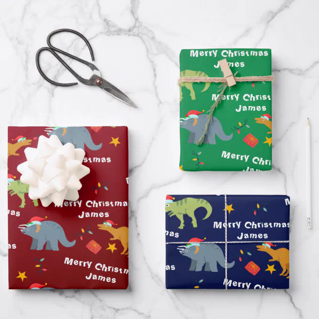 Personalized Cute Dinosaur Santa Merry Christmas Wrapping Paper Sheets ...