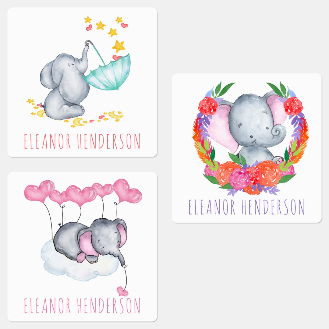 Personalized Cute Girl Elephants Waterproof Kids' Labels | Zazzle