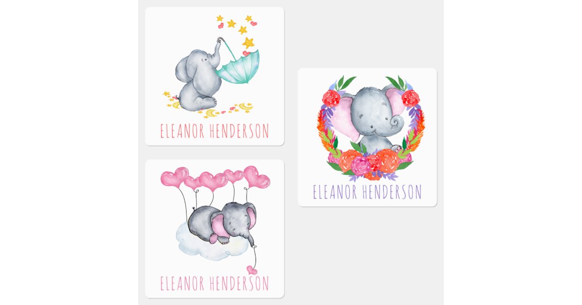 Personalized Cute Girl Elephants Waterproof Kids' Labels | Zazzle.com