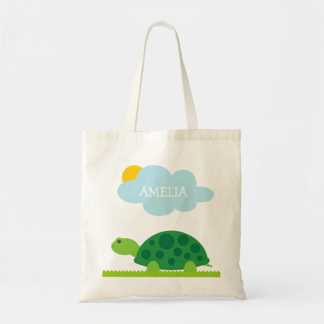 Personalized cute green turtle kids tote bag | Zazzle