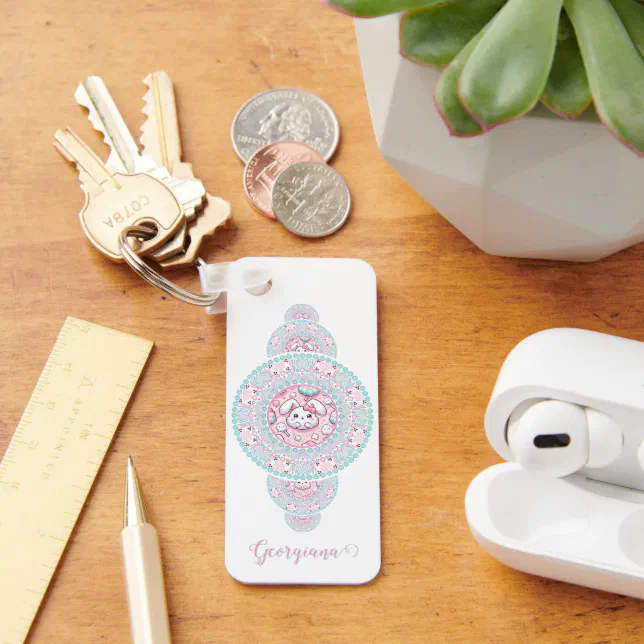 Personalized Cute Kawaii Bunny Ornamental Mandala Keychain | Zazzle