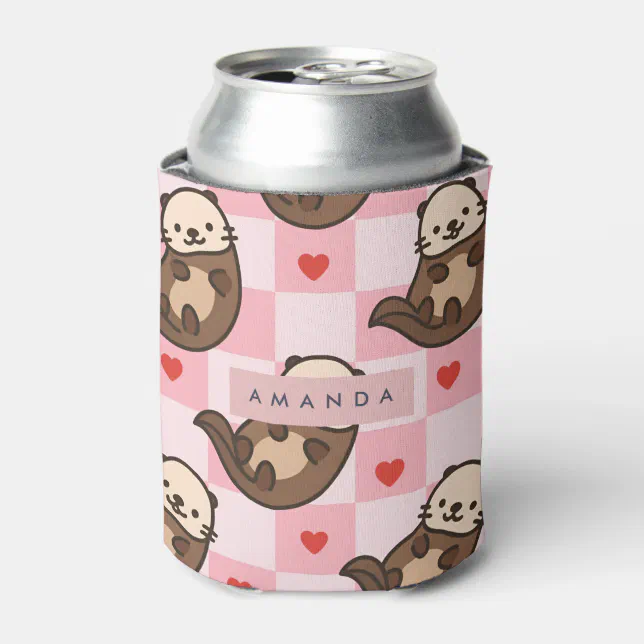 Personalized Cute Otter Love with Heart Pattern Can Cooler | Zazzle
