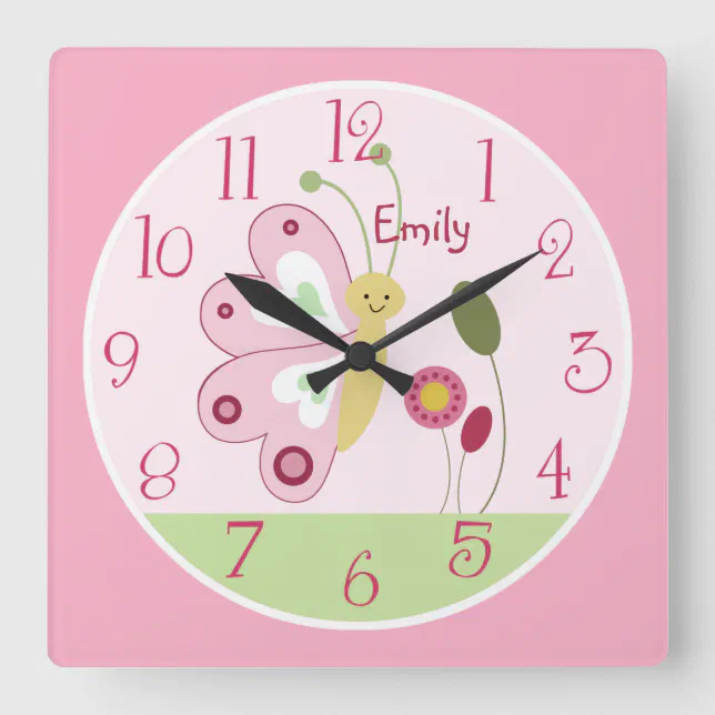 Personalized Cute Pink Butterfly Nursery Clock | Zazzle
