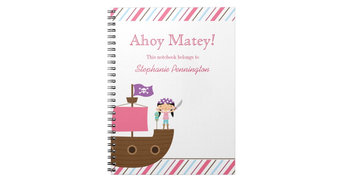 Personalized cute pink girl's pirate notebook | Zazzle