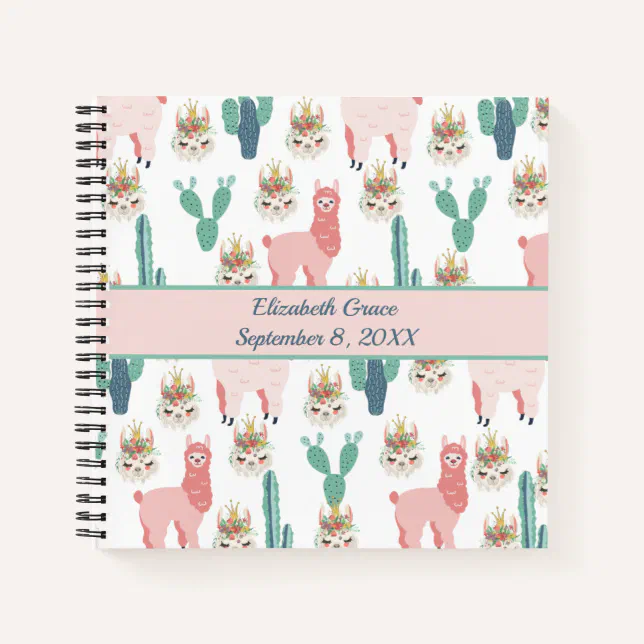 Personalized Cute Pink Llama's and Green Cactus Notebook | Zazzle